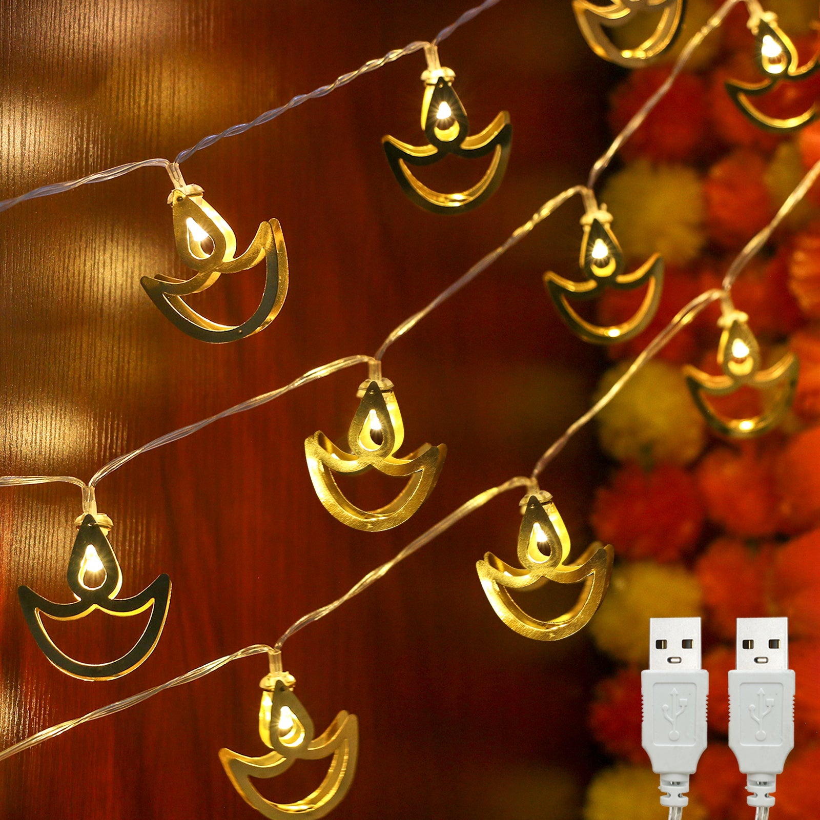 2 Strings 20pcs Metal Diwali Diya String Lights - Warm White USB LED E ...